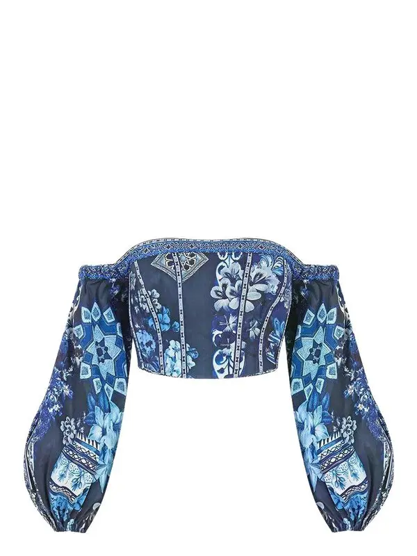 Camilla A Tiled Wonderland Long Sleeved Corset Crop Top - Blue