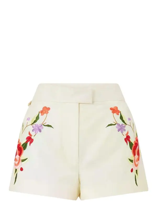 Camilla Floral-embroidered Shorts - Neutrals