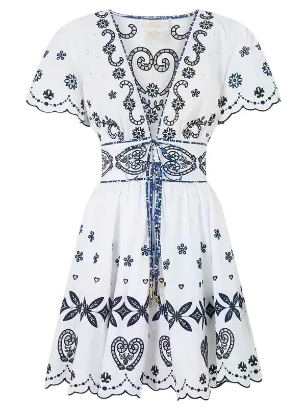 Camilla Mini V-neck Dress With Ties - White