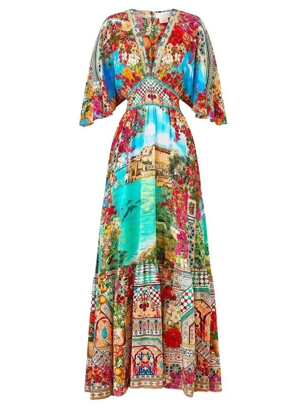 Camilla Waisted Ruffled-hem Maxi Silk Dress - Red