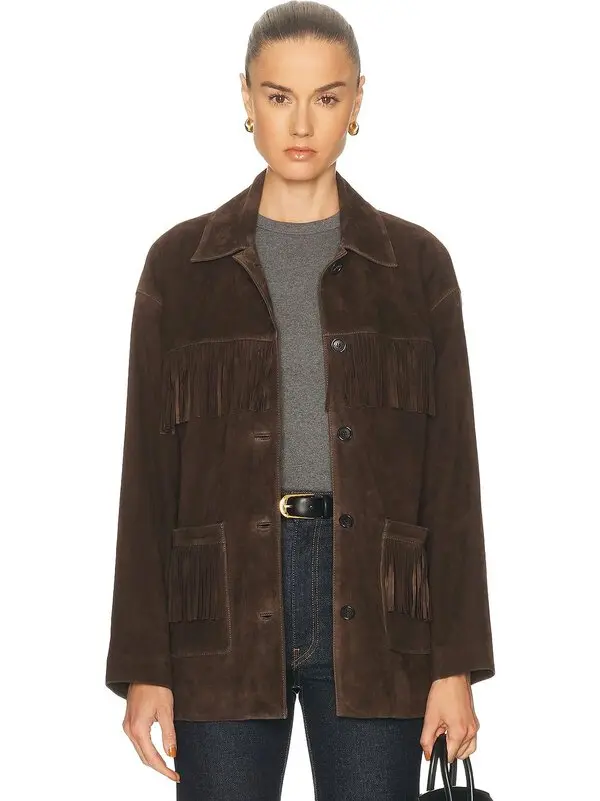 NILI LOTAN Foudre Fringe Suede Jacket - Dark Brown