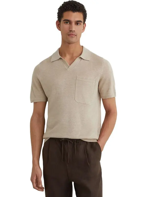 REISS Fairmont Linen Open-collar Knit Polo Shirt - Beige