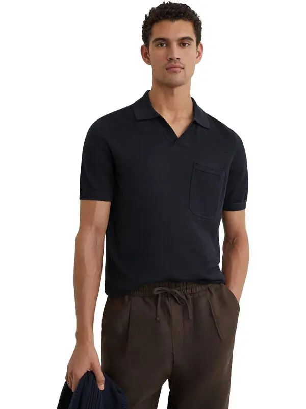 REISS Fairmont Linen Open-collar Knit Polo Shirt - Navy
