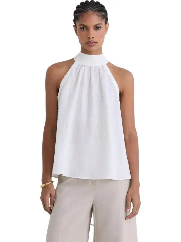 REISS Andi Linen Scarf-neck Top - Ivory