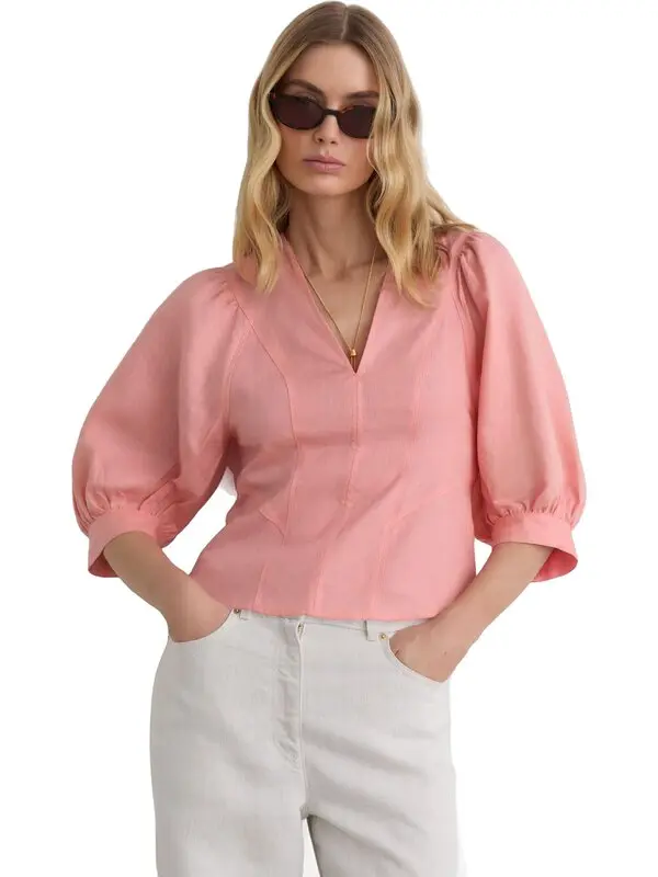 REISS Evie Linen Balloon-sleeve Top - Coral Pink