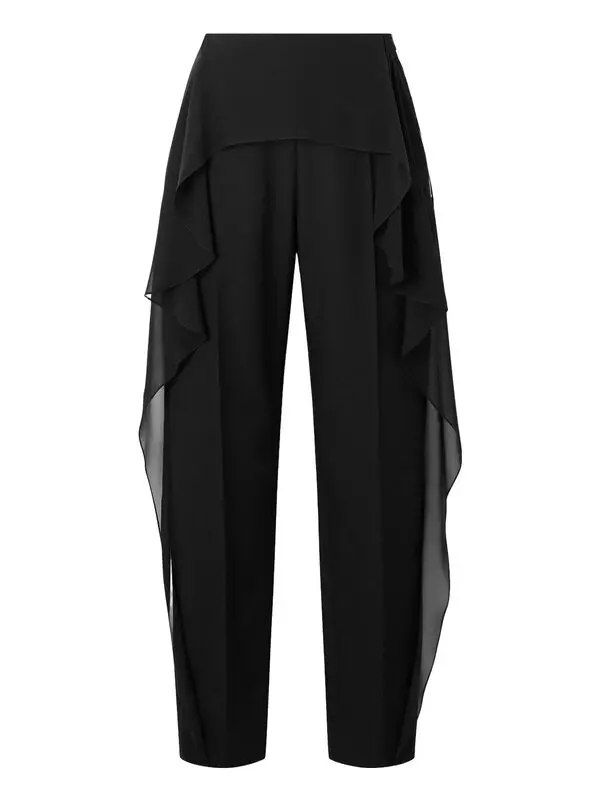 LANVIN Layered Wool-twill And Ruffled Silk-chiffon Slim-leg Pants - Black