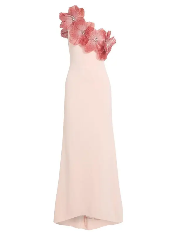 Badgley Mischka One-shoulder Floral-appliquéd Crepe Gown - Blush