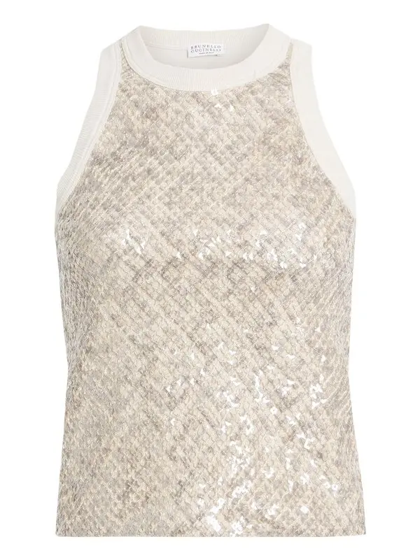 Brunello Cucinelli Sequin-embellished Cotton-blend Jersey Tank - Beige
