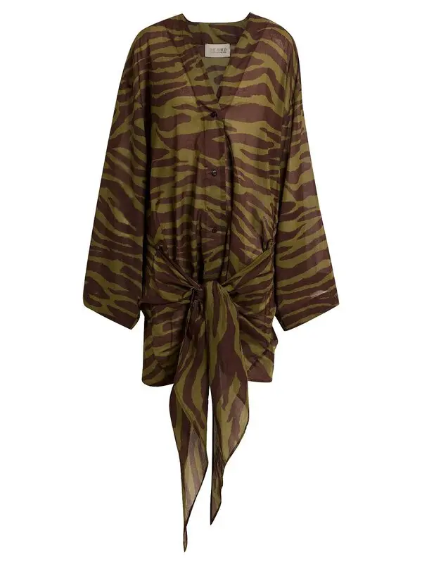 Attico Tie-front Zebra-print Mini Shirtdress - Army Green