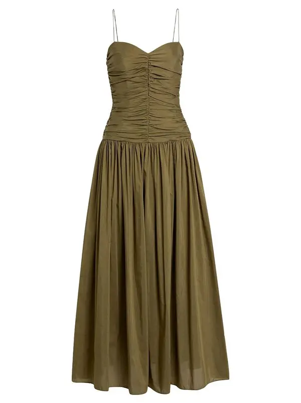 Matteau Gathered Cotton And Silk-blend Maxi Dress - Army Green