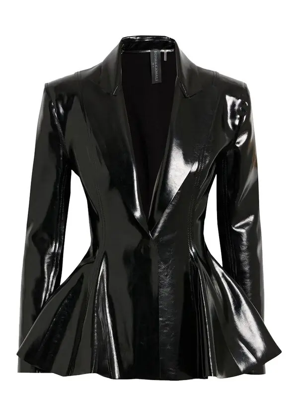 Norma Kamali Belted Glossed Peplum Blazer - Black