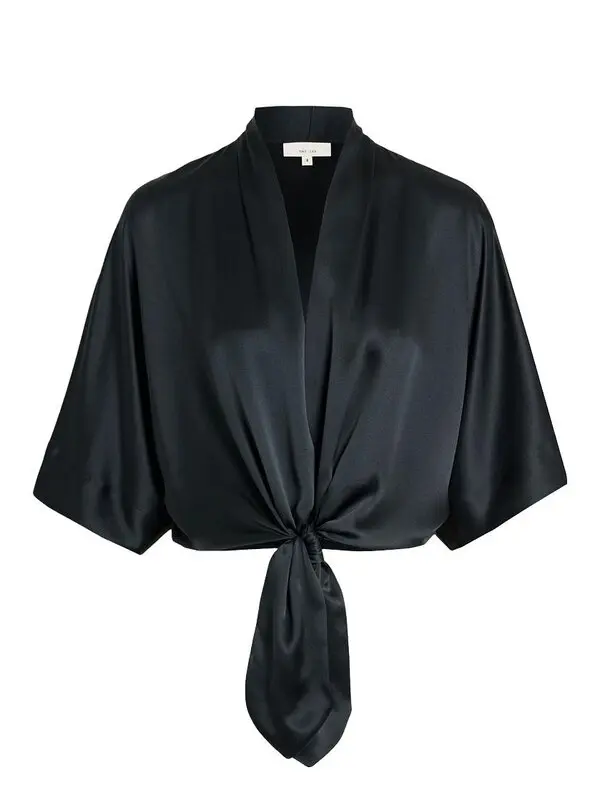 THE SEI Tie-front Silk-satin Top - Midnight Blue