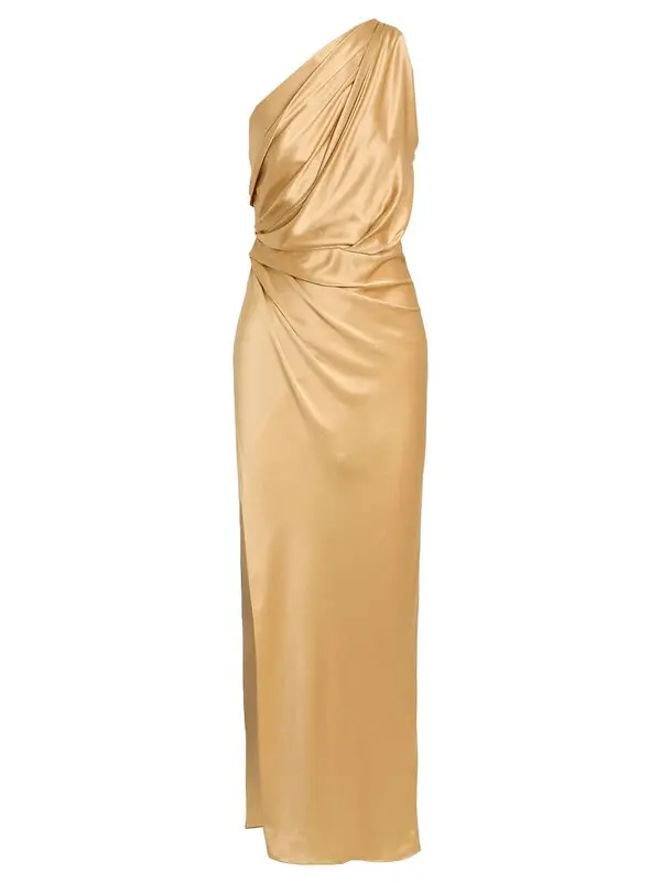 THE SEI One-shoulder Draped Silk-satin Maxi Dress - Gold