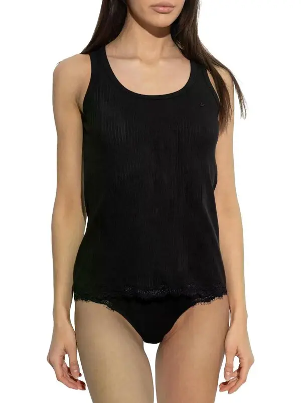 Emporio Armani Logo-embroidered Lace-trim Top - Black