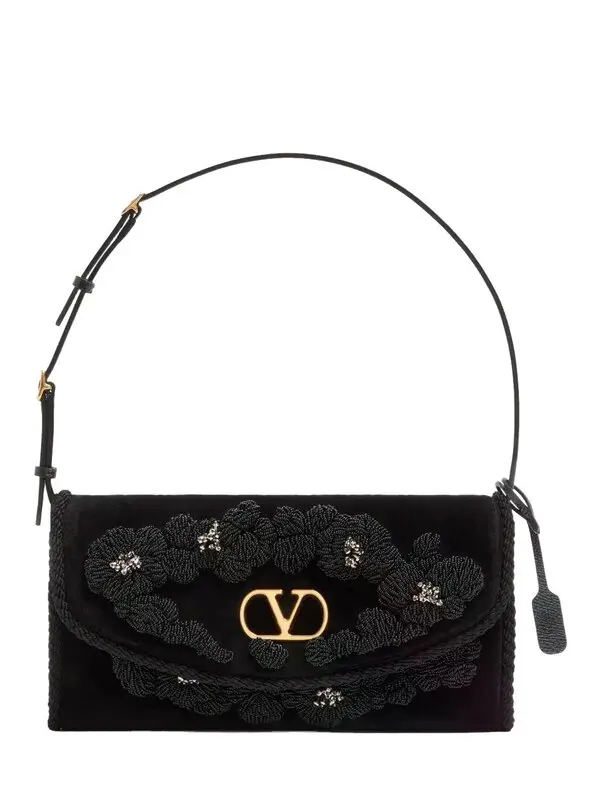 Valentino Garavani Devain Small Embroidered Velvet Shoulder Bag - Black