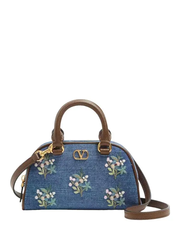Valentino Garavani Vlogo Signature Mini Top-handle Bag With Floral Embroidery - Blue