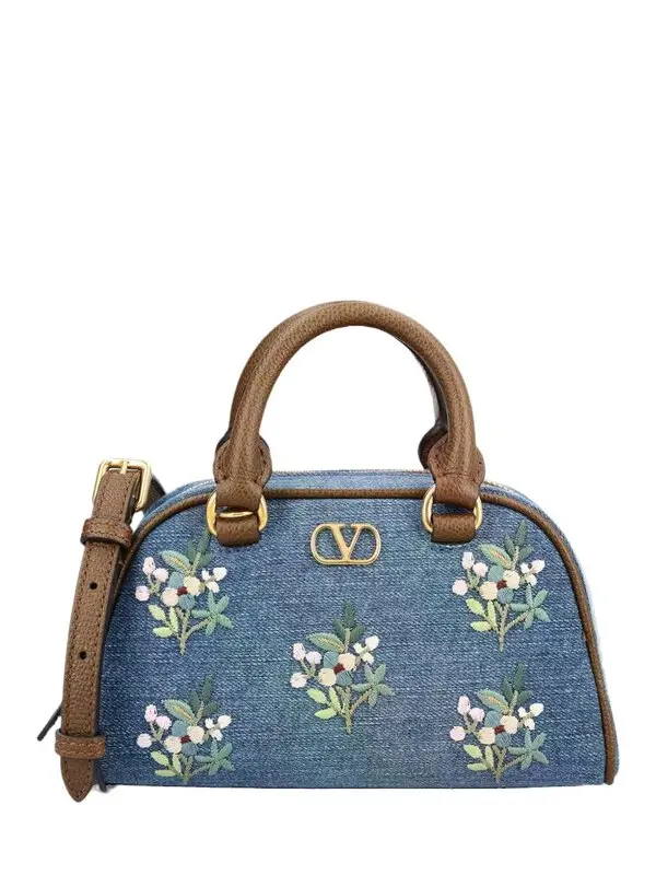 Valentino Garavani Vlogo Signature Mini Top-handle Bag With Floral Embroidery In Denim - Blue