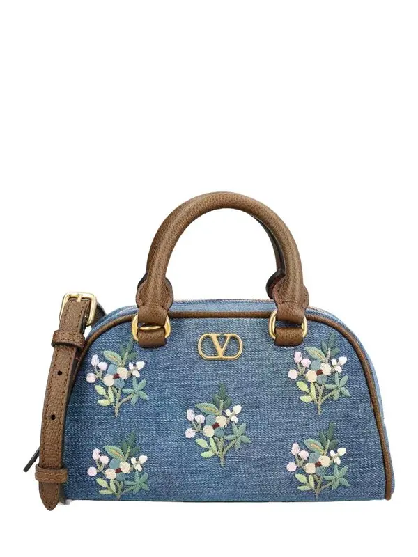 Valentino Garavani Vlogo Signature Mini Top-handle Bag With Floral Embroidery In Denim - Blue