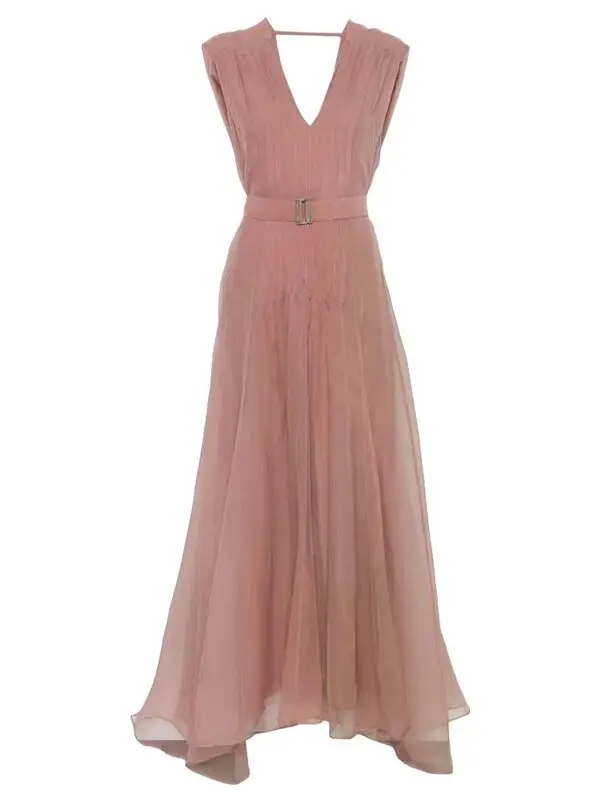 Brunello Cucinelli V-neck Belted A-line Dress - Pink