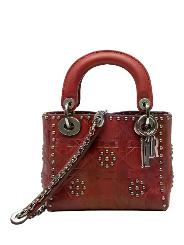 Dior 2017 Embossed Calfskin Cannage Studded Flower Lady Satchel - Red