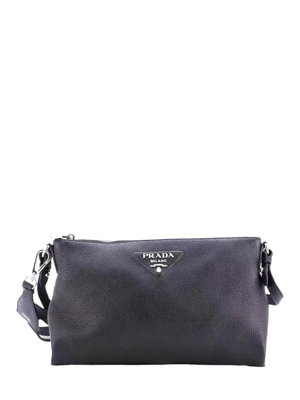 Prada Dual Strap Flat Vitello Daino Medium Crossbody Bag - Black