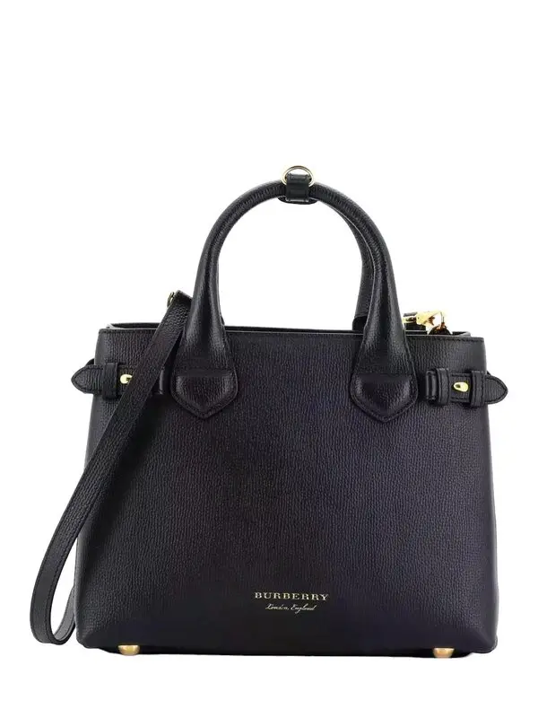 Burberry Banner Leather And House Check Canvas Small Tote Bag - Black