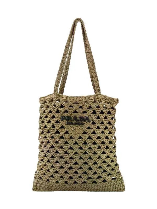Prada Triangle Logo Raffia Crochet Small Tote Bag - Green