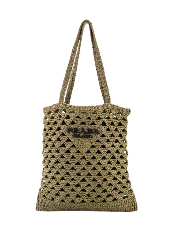 Prada Triangle Logo Raffia Crochet Small Tote Bag - Green