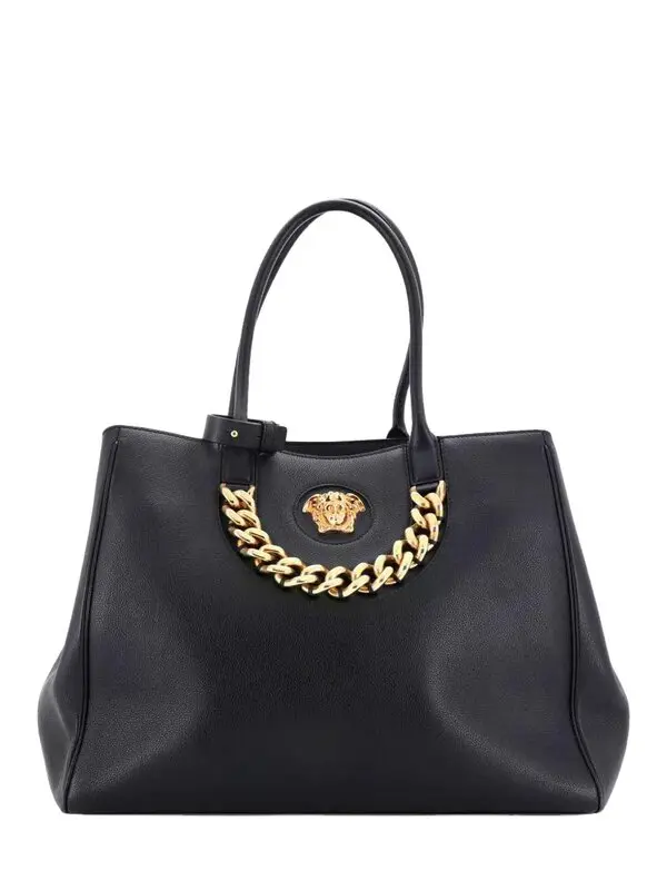 Versace La Medusa Chain Detail Leather Large Tote Bag - Black