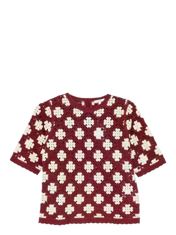 YERSE Floral Crochet Knit T-shirt - Red