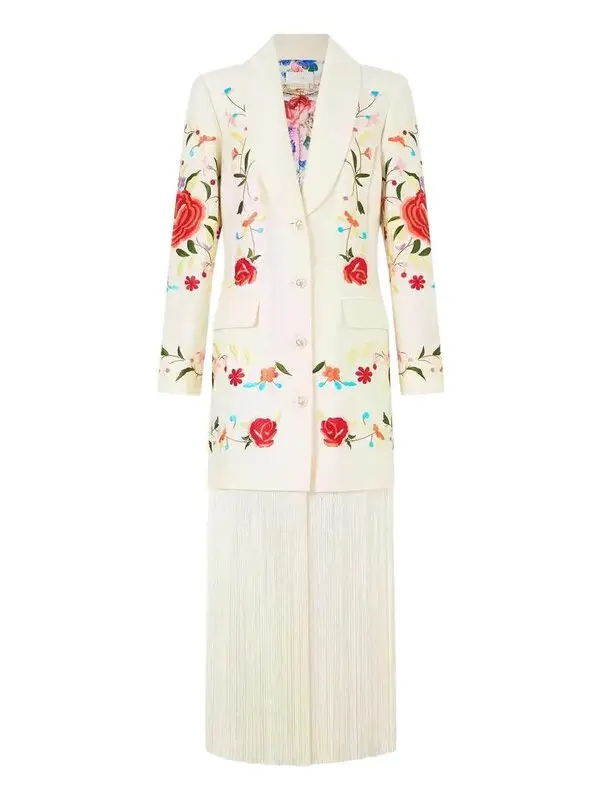 Camilla Floral-embroidered Blazer With Fringing - Neutrals