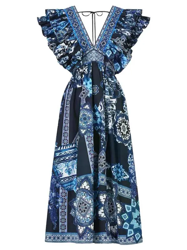Camilla A Tiled Wonderland Ruffled Midi Dress - Blue