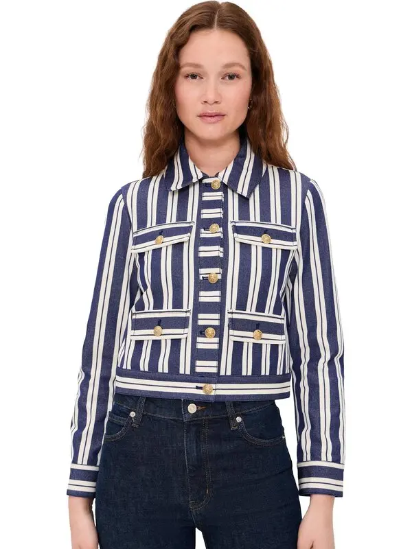 Alice + Olivia Alex Collared Boxy Jacket - Metro Stripe Twilight Blue