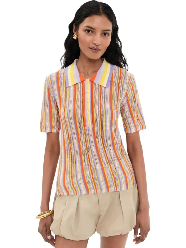 Susana Monaco Stripe Textured Knit Polo Shirt - Apricot/potion