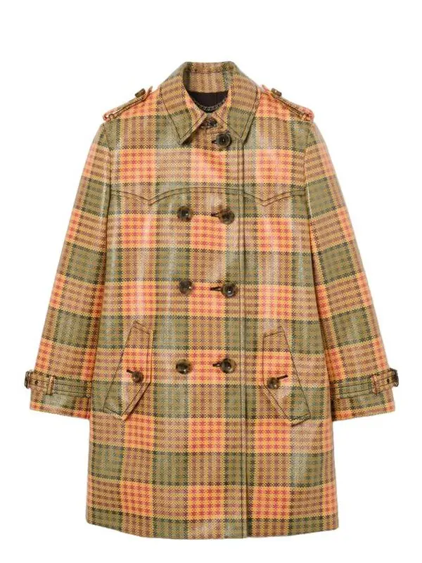 Burberry Short Check Coated Raffia-effect Summerside Trench Coat - Chrome Yellow/pomegranate Pink