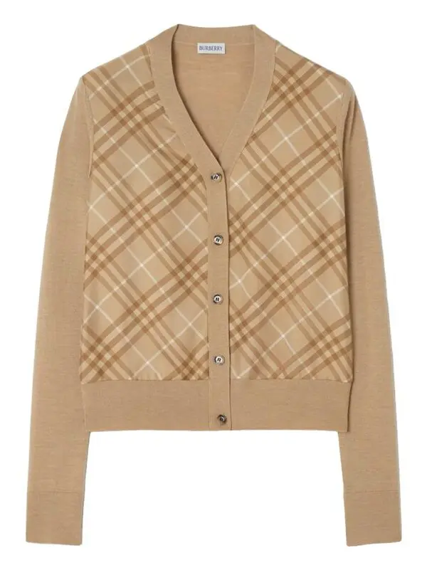 Burberry Check Panel Wool Silk Cardigan - Camel