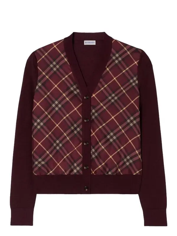 Burberry Check Panel Wool Silk Cardigan - Vineyard Red