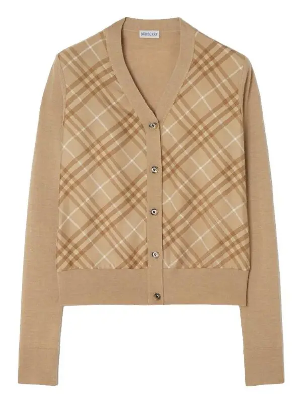 Burberry Check Panel Wool Silk Cardigan - Camel