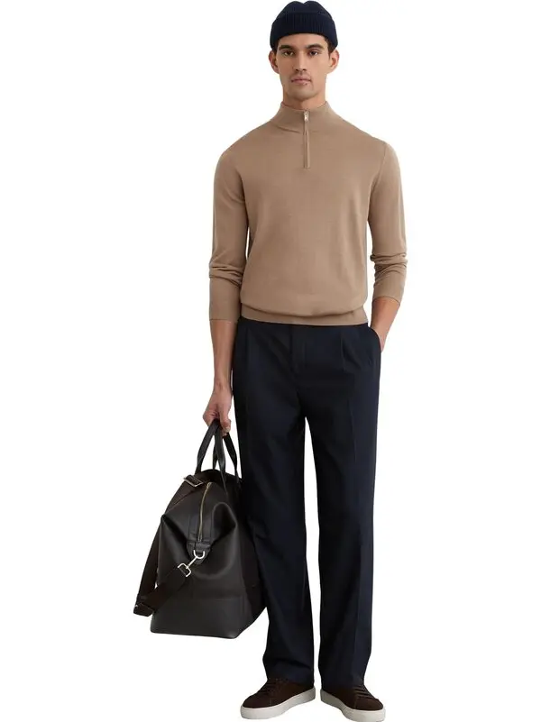 REISS Blackhall Merino Wool Half-zip Funnel Neck Jumper - Camel Brown