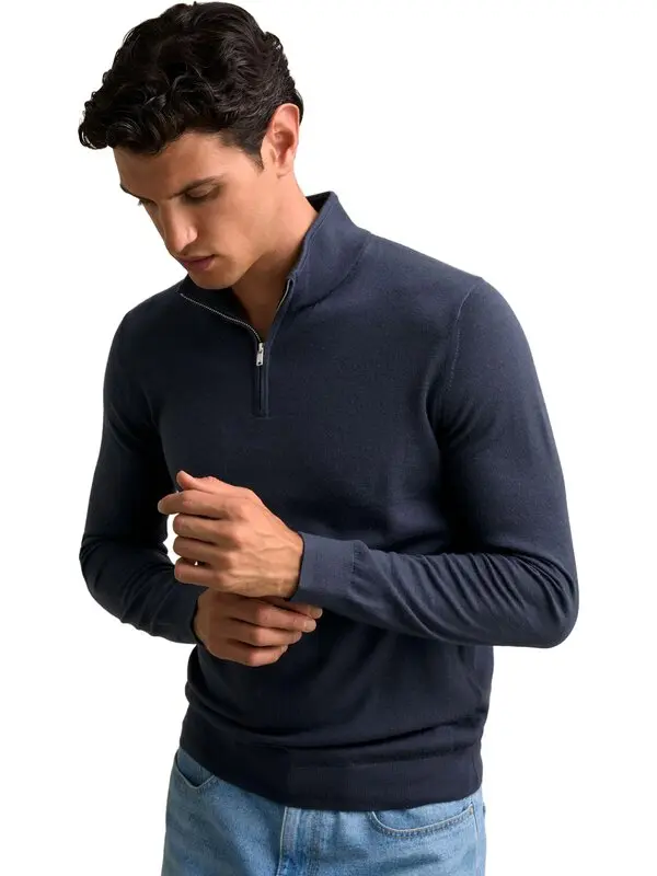 REISS Blackhall Merino Wool Half-zip Funnel Neck Jumper - Midnight Navy