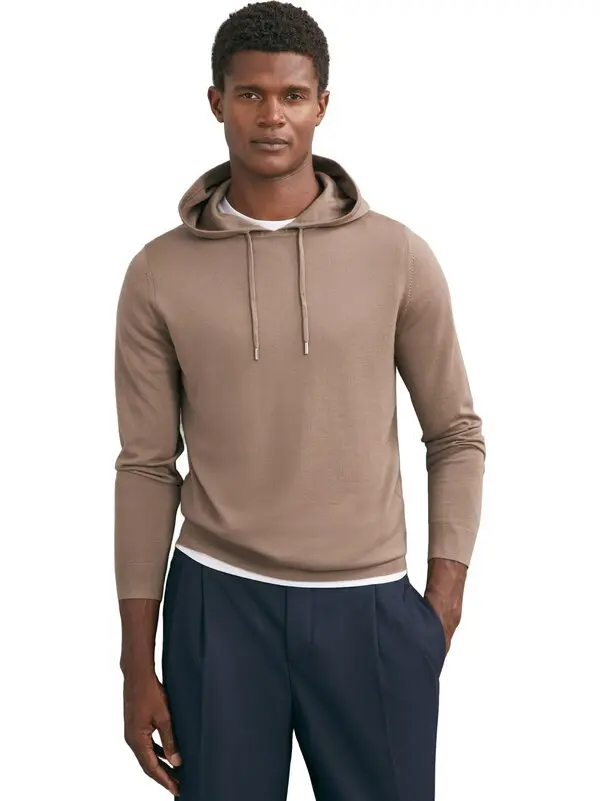 REISS Holland Wool Drawstring Hoodie - Camel Brown