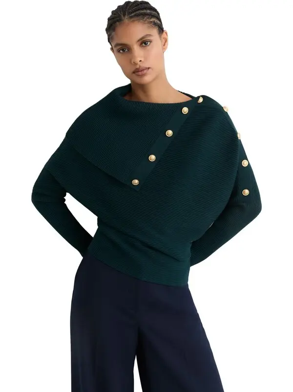 REISS Rib-knit Button Shawl Jumper - Teal Blue