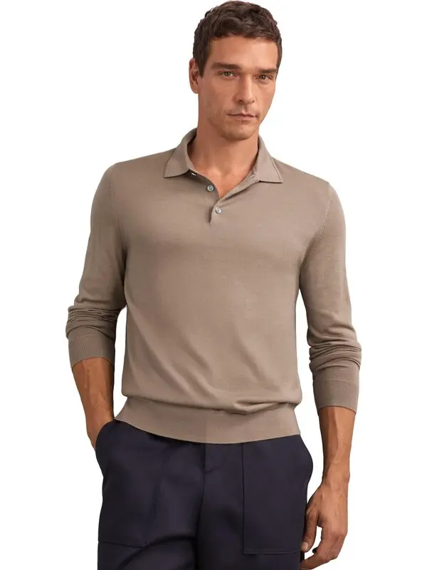 REISS Trafford Wool Long-sleeve Polo Shirt - Camel Brown