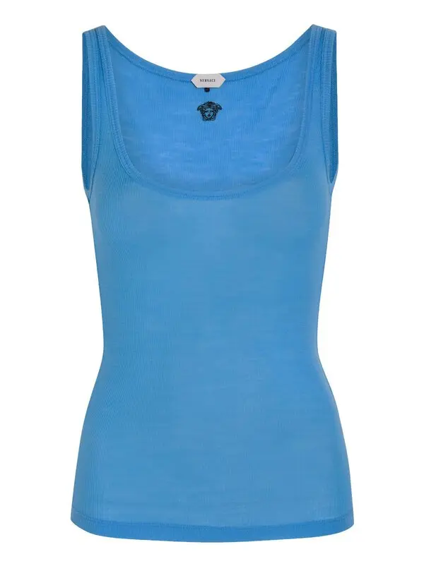 Versace Ribbed Wool Tank Top With Logo Embroidery - Blue