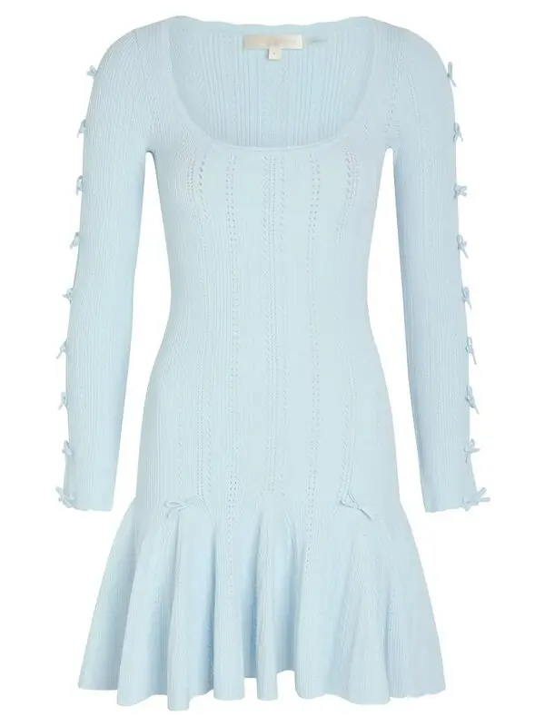 LoveShackFancy Pointelle-knit Mini Dress With Bow Appliques - Light Blue