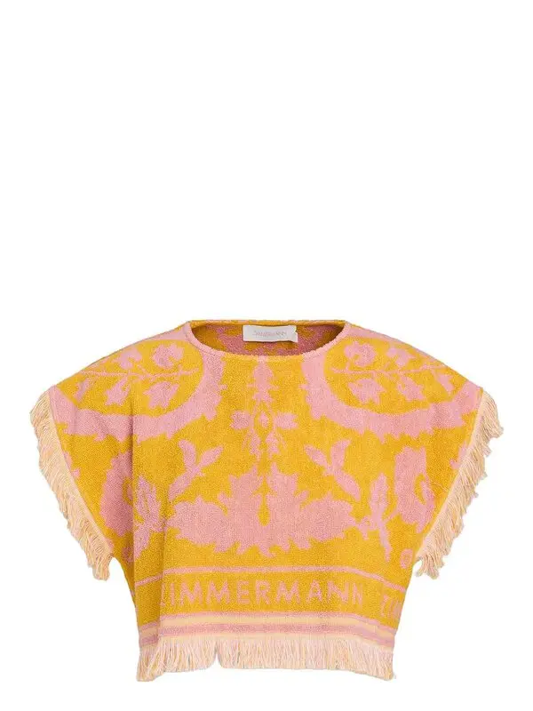 Zimmermann Cropped Fringed Printed Cotton-terry Top - Mustard