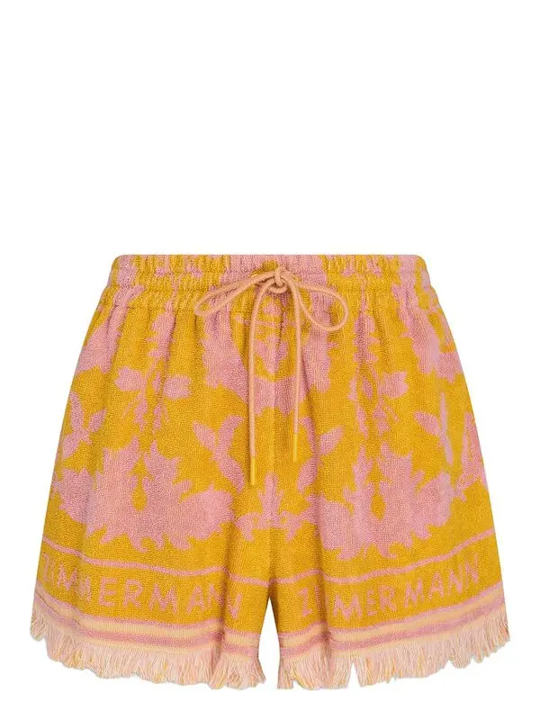 Zimmermann Fringed Printed Cotton-terry Shorts - Mustard