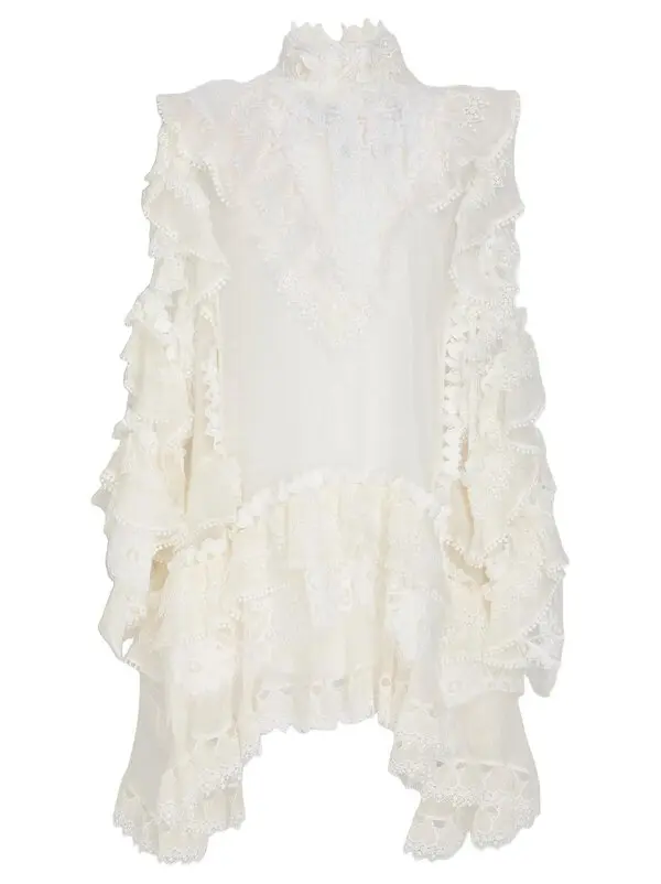 Zimmermann Ruffled Linen And Silk-blend Lace Mini Dress - White