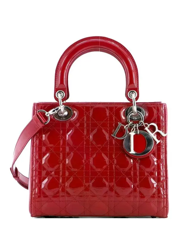 Dior Lady Cannage Quilt Patent Medium Satchel - Red