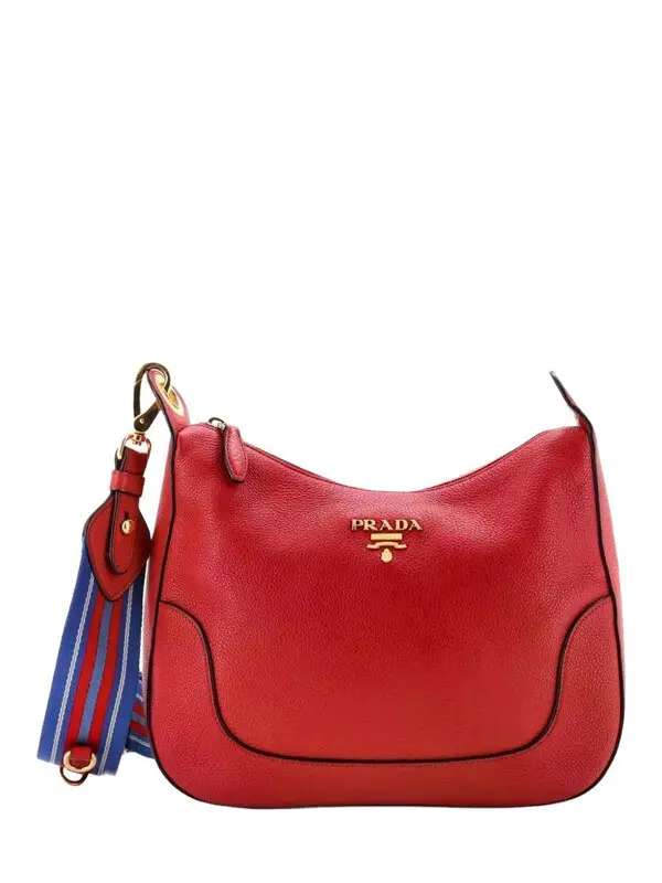 Prada Striped Strap Zip Hobo Vitello Daino Medium Crossbody Bag - Red